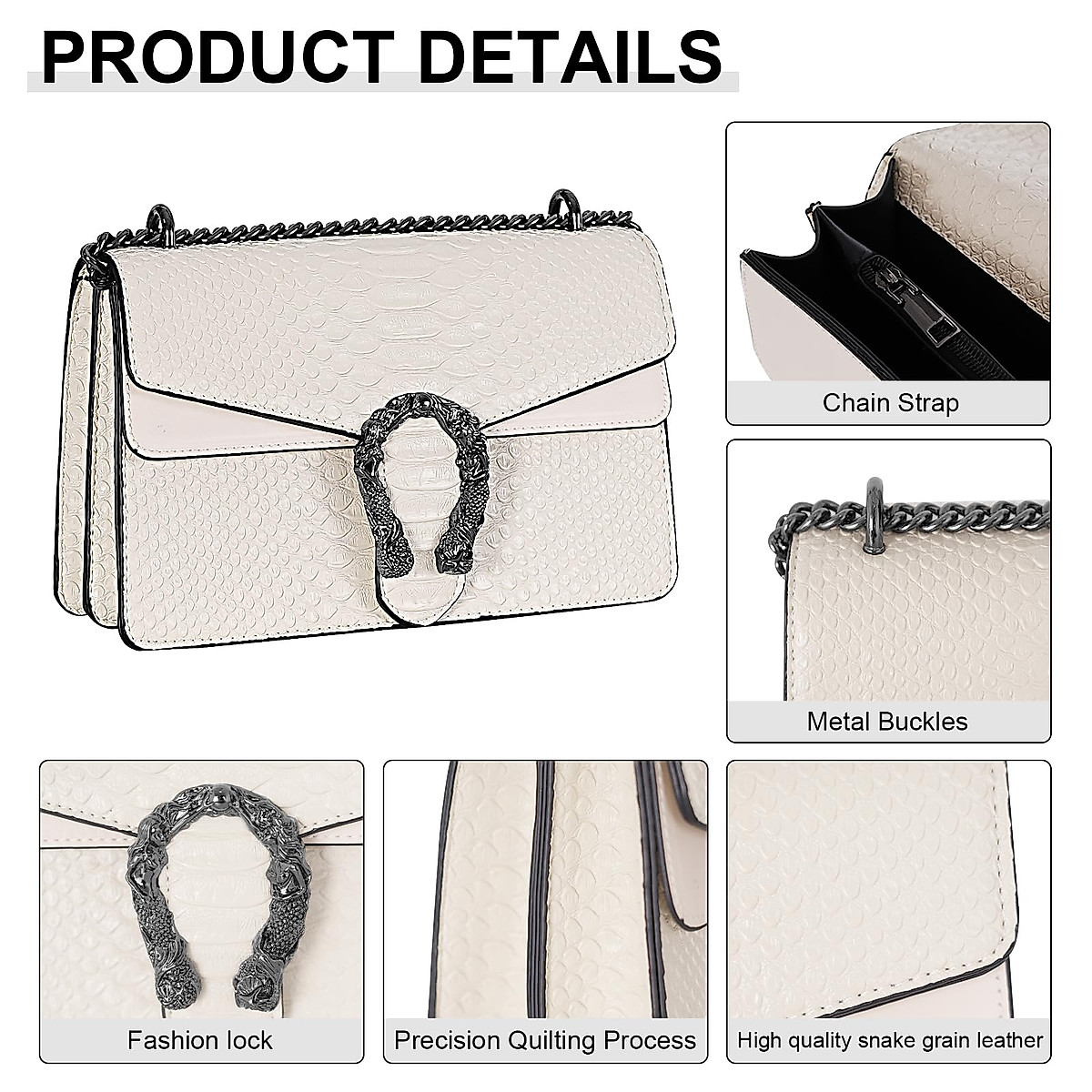 Aiqudou Crossbody Shoulder Square Purse For Women - Fashion Embossed Snake-Print Leather Handbag Metal Chain satchel Tote Bag