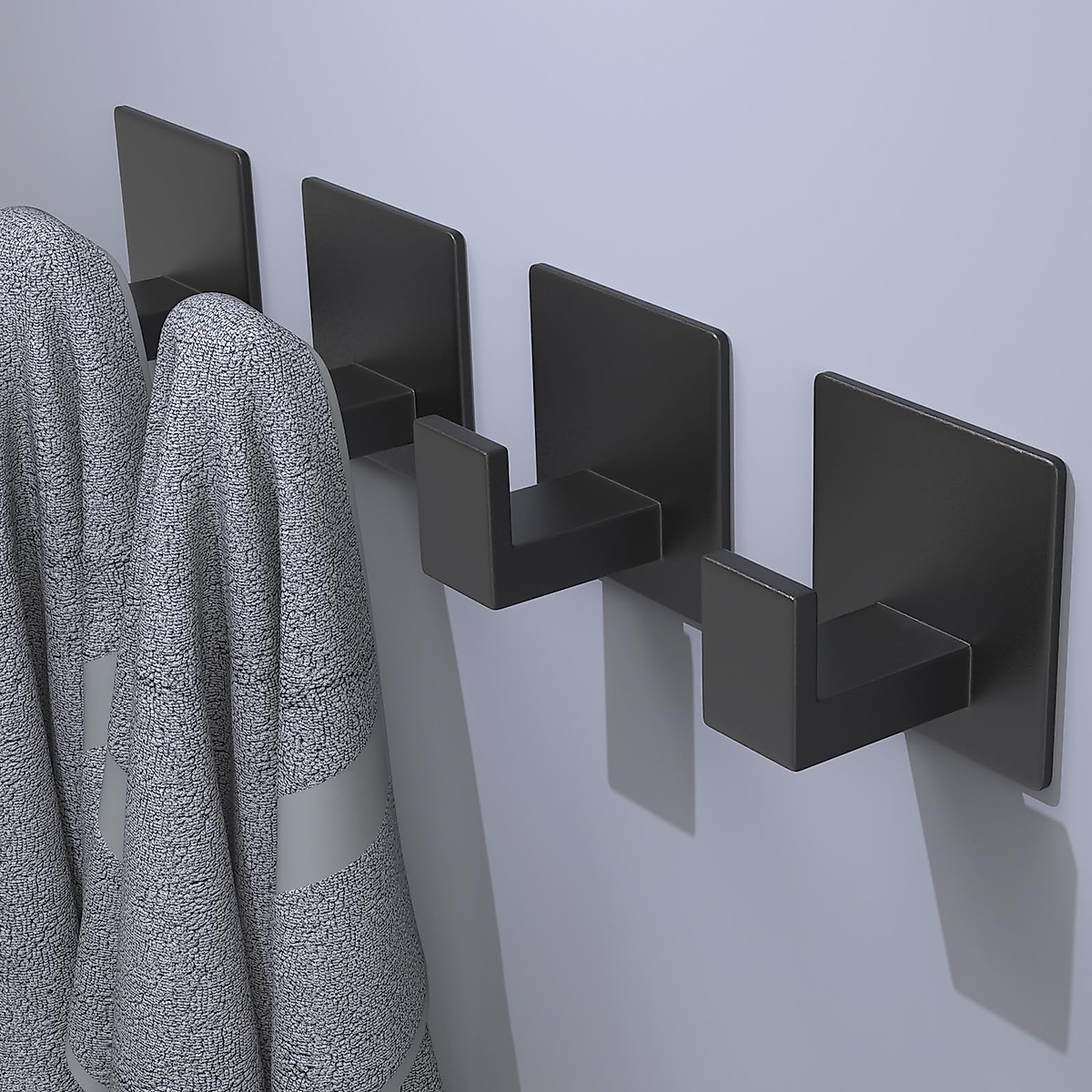 HUFEEOH Adhesive Towel Hooks, 4 Pack Sticky Hooks for Hanging Heavy Duty, Coat Towel Hooks Wall Hooks for Bathroom Kitchen Hotel (Black)