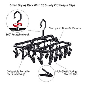 Annaklin Foldable Clip Hangers with 26 Drying Clips, Underwear Hanger with Clips, Plastic Laundry Clip and Drip Drying Hanger for Socks, Bras, Lingerie, Clothes, Sturdy, Black