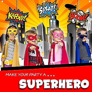 Bigtime Signs XL Superhero Backdrop with 6 Comic Action Word Photo Booth Props - Compliments Any Superhero Party Decorations - 4 x 6 ft - Cityscape Superhero Birthday Decorations Hangs on Wall Easily