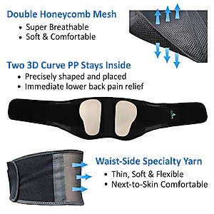 AllyFlex Sports® Lightweight Back Brace for Men & Women Under Uniform, Dual Medical 3D Lumbar Pads for Lower Back Pain Relief, Breathable Mesh with Adjustable Stapes for Back Stress - L