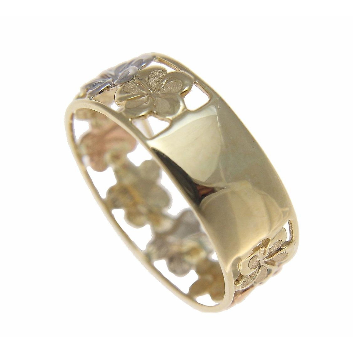 Arthur's Jewelry 14K solid tricolor yellow white rose gold Hawaiian plumeria flower lei ring 6.5mm size 6