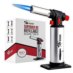 Jo Chef Kitchen Torch, Blow Torch - Refillable Butane Torch With Safety Lock & Adjustable Flame & Fuel gauge - Culinary Torch, Creme Brulee Torch For Cooking Food, Baking, BBQ + FREE Recipe eBook