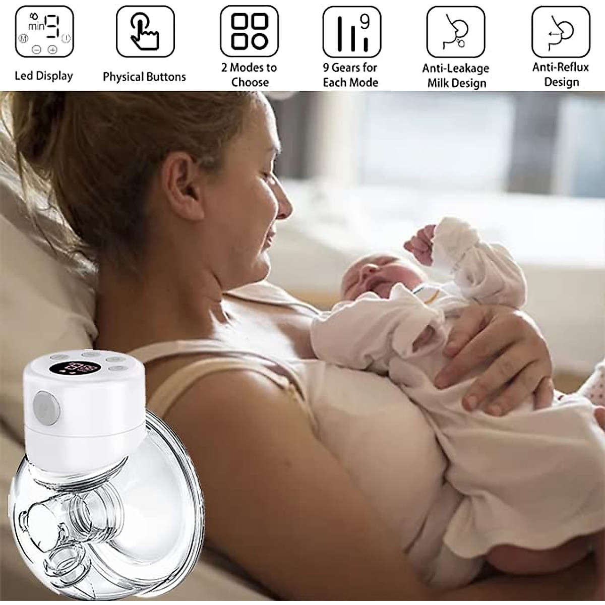 Hand Free Breast Pump, MOM--cozY S12 Same model LED Display Wearable Breast Pump, Portable Electric Breast Pump, 2 modes and 9 levels - 24mm