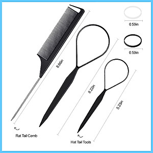 Topsy Tail Hair Tool Set by IKOCO - 400pcs Hair Bands, 2pcs Loop Styling Tools, Rat Tail Comb, (200pcs Each) Clear and Black Elastics