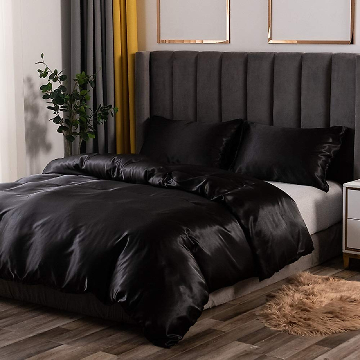 Black Silk Comforter Cover Set Full Size Silk Like Satin Duvet Cover Set Solid Color Decor Soft Microfiber Women Bedding Sets With Zipper Ties Soft Luxury Duvet Cover Set For Adult Women Men Girls