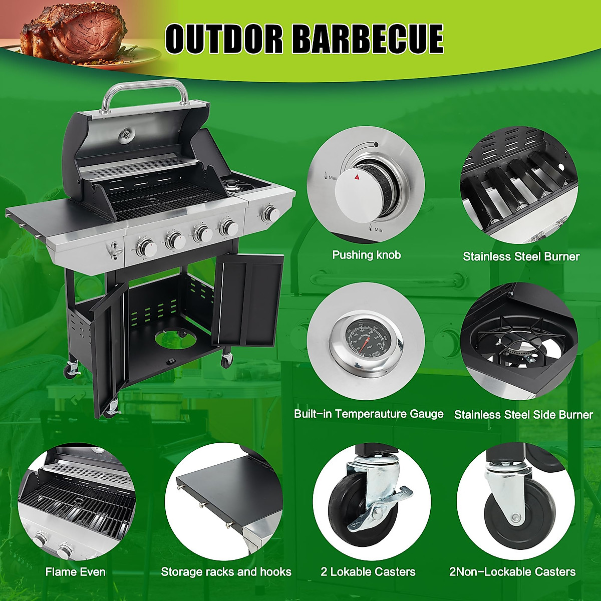 4-Burners Propane Gas BBQ Grill With Side Burner and Thermometer,Stainless Steel BBQ Grill,1,33950 BTU Output,Suitable For Outdoor Cooking Kitchen And Patio Backyard Barbecue (Silver)