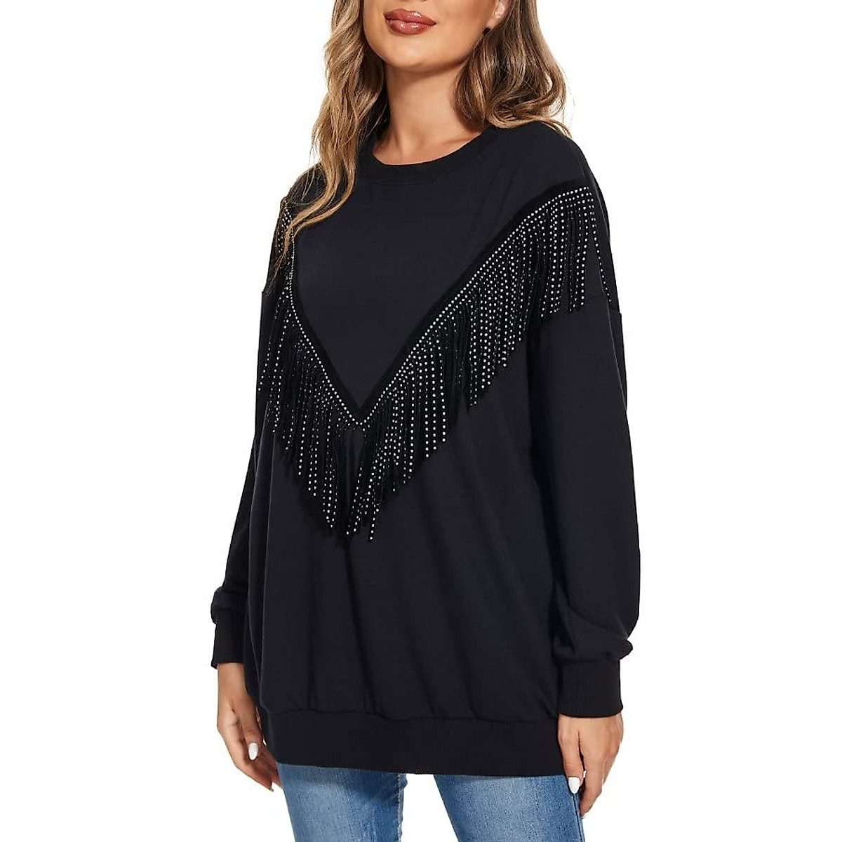 PESION Women's Novelty Oversized Sweatshirt Crewneck Long Sleeve Fringe Trim Shirt Pullover Tops Sweaters, Black, Small