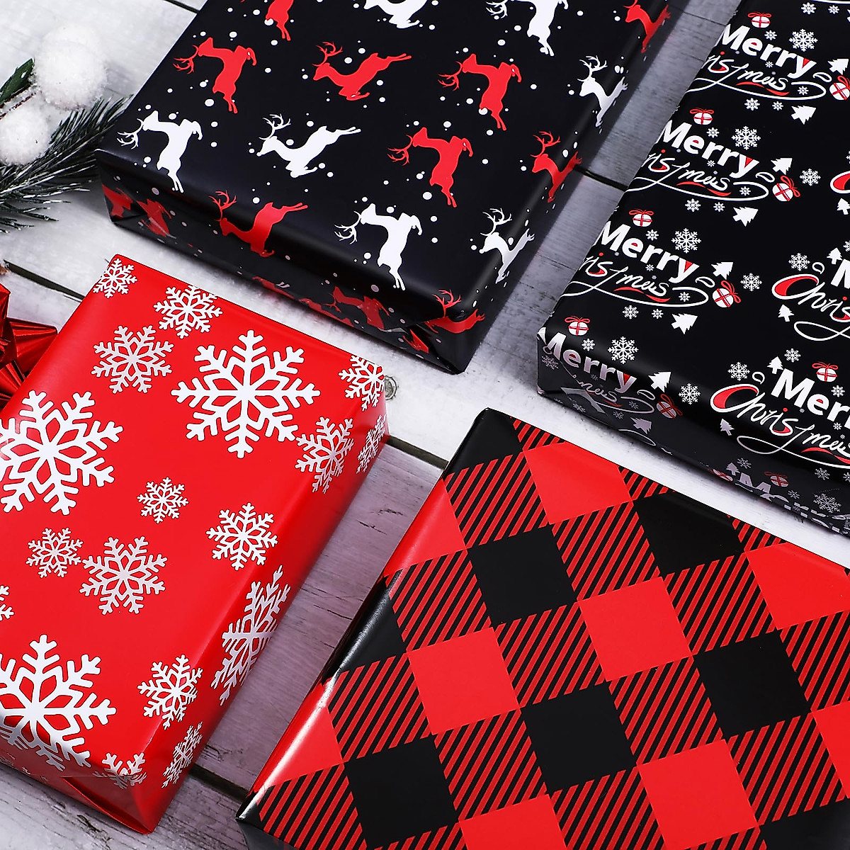 PlandRichW Christmas Wrapping Paper 12 Sheets Folded for Kids Boys Girls Men Women Gifts. Red, Black and White, Greetings, Reindeer, Plaid and Snowflakes, 20 X 29 Inches Each