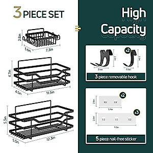 ACMETOP Adhesive Shower Caddy 3-Pack Shower Organizer No Drilling Shower Shelves with Soap Holder & 3 Hooks, Rustproof SUS304 Stainless Steel Bathroom Shelf, Shower Shelf for Inside Shower