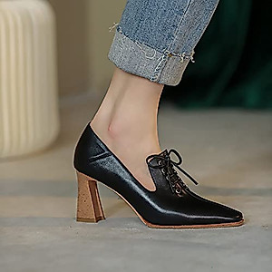 Women's Retro English Style Pointed Thick Heel French Single Shoes Leather Slip on Shoes for Women Casual Black