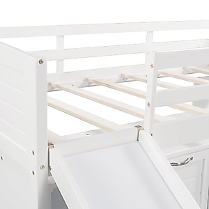 MERITLINE Twin Loft Bed with Slide, Kids Loft Bed with Storage Shelves and Drawers, Wood Low Loft Bed with Cabinet, Twin Size Loft Bed Frame for Living Room, Bedroom (White, New)