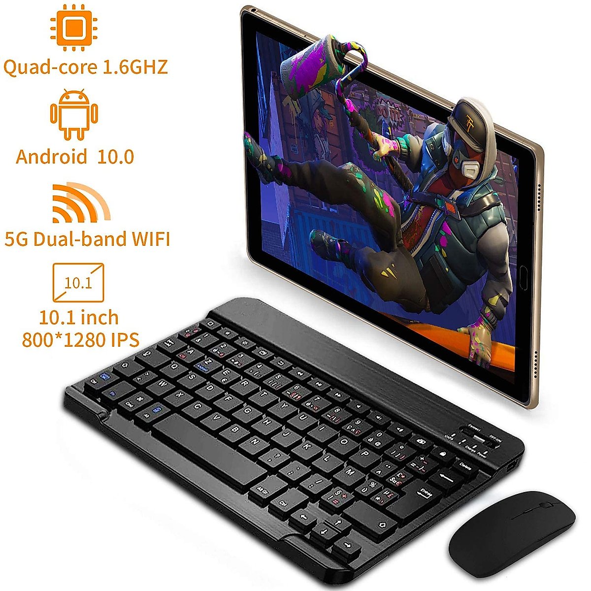 2023 Newest Tablet with Keyboard 10 Inch, Android Tablet Newest Octa-core Processor, 64GB ROM + 4GB RAM Storage, 256GB Expandable, 2 in 1 Tablet with Dual WiFi network, 1920x1200 HD Display -Gold