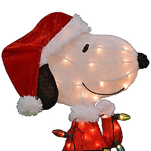 ProductWorks Peanuts Pre Lit 24 Inch Snoopy Santa Claus 3D Outdoor Indoor Christmas Lawn Yard Ornament Home Decoration with 35 Clear Lights and Stand