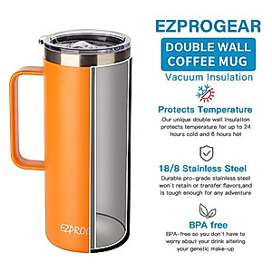 Ezprogear 32 oz Stainless Steel Coffee Mug Double Wall Vacuum Insulated Water Tumbler with Handle, Lid and Straws (32 oz, Sky Blue)