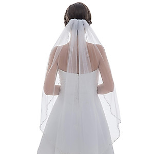SAMKY 1T 1 Tier Crystal Pearl Wave Beaded Veil - Light Ivory Fingertip Length 36" V507