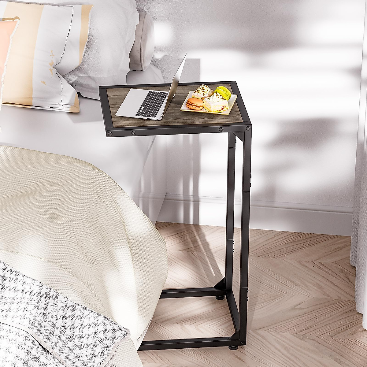 NOVIMANGO Couch End Table C Shaped Side Table Set of 2 Sofa Side Table Couch Tables That Slide Under Grey Couch Table End Table for Small Space TV Tray Table for Living Room, Bedroom