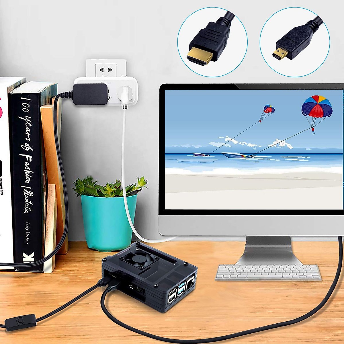 Smraza Case for Raspberry Pi 4 Model B, Acrylic Case with Fan, 4PCS Heatsinks, 5.1V 3A USB-C Power Supply, USB Card Reader, 6 Feet Micro HDMI Cable, 7.8 inch Micro HDMI to HDMI Adapter Cable 4K Ultra