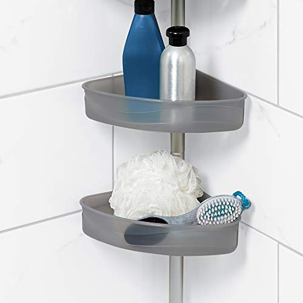 Zenna Home NeverRust Aluminum Tension Pole Shower Caddy, 5 Basket Shelves, Adjustable, 60 - 108 Inch, Satin Chrome & Gray