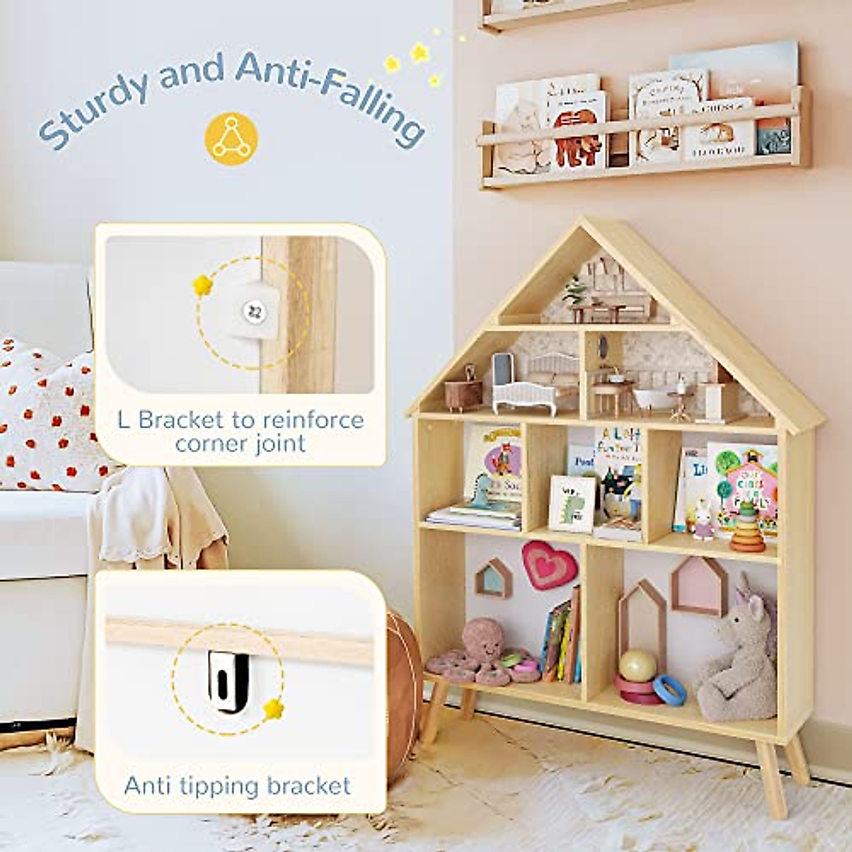 Curipeer Kids Bookshelf and Toy Storage, Wooden Stand Dollhouse Bookshelf, 4-Tier Baby Bookcase Display Organizer with Legs, Children Bookshelf for Nursery, Playing Room, Natural Wood Color