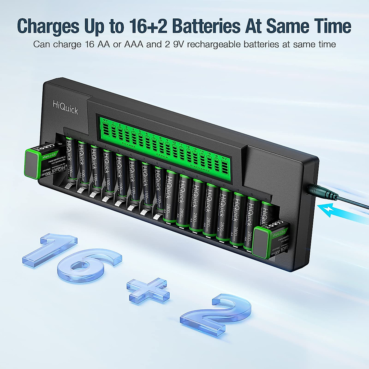 HiQuick 16+2 Bay AA AAA 9V Battery Charger, Fast Charging for NiMH NiCD Rechargeable Batteries, 2 Separate Charging Slot for 9V NiMH/Li-ion Battery with Smart LCD Display and AC Wall Adapter