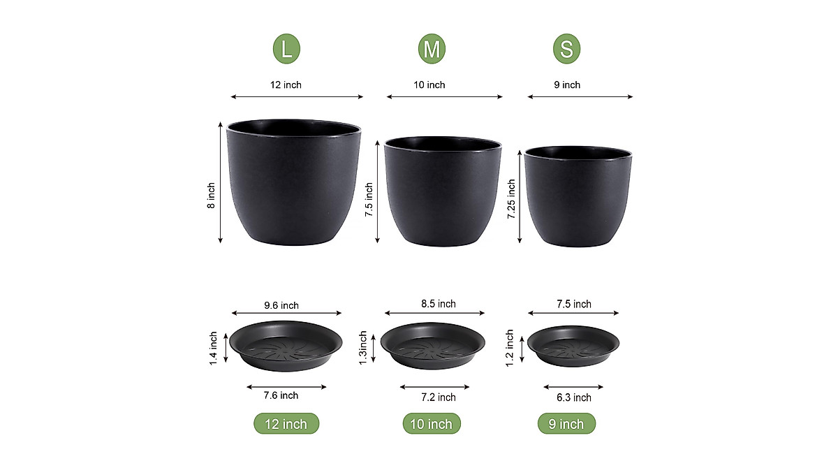 UOUZ 12/10/9 Large Modern Plant Pots, Plastic Planters with Drainage ...