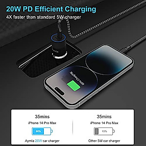 [Apple MFi Certified] Aymla Dual 20W USB C Fast Car Charger for iPhone 14 Pro Max/14 Plus/13/12/mini/11/XS/XR/X/8/Plus, 40W PD Cigarette Lighter Adapter with 2 Pack Type C to Lightning Cable 3.3ft