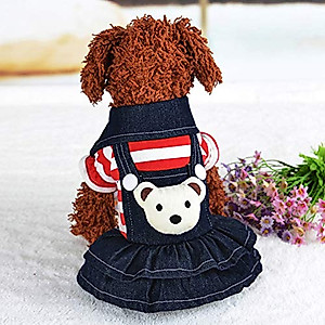 POPETPOP Denim Dog Dress - Cute Red Stripe Plush Bear Cowboy Pet Skirt, Pet Clothes for Small Medium Large Dogs Puppy, Pet Costumes