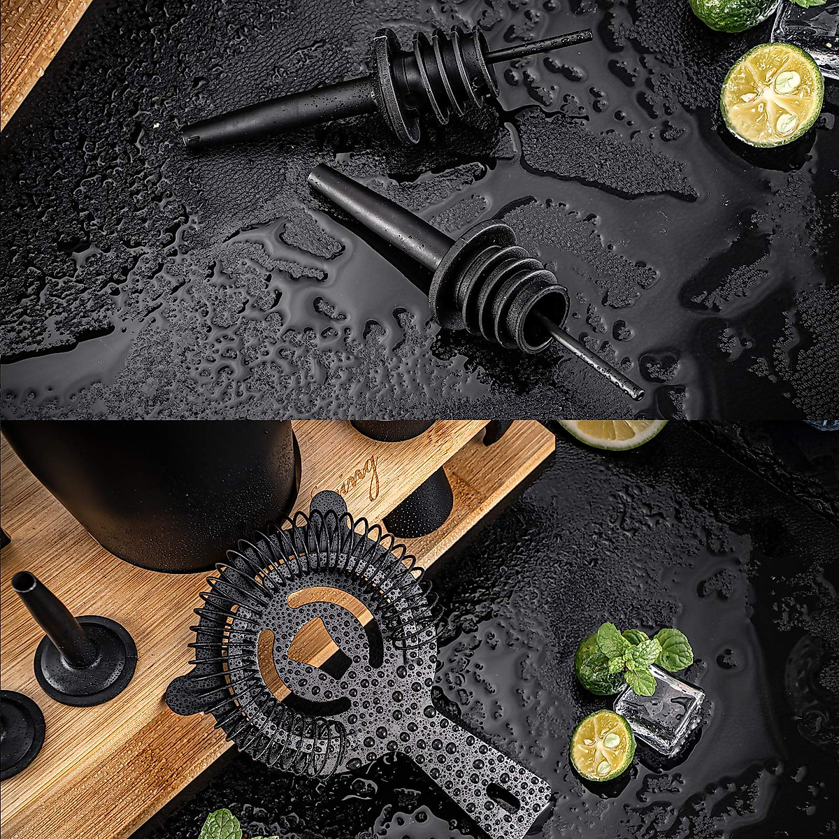 Soing 11-Piece Black Bartender Kit,Perfect Home Cocktail Shaker Set for Drink Mixing,Stainless Steel Bar Tools with Stand,Velvet Carry Bag & Cocktail Recipes Cards (Black)