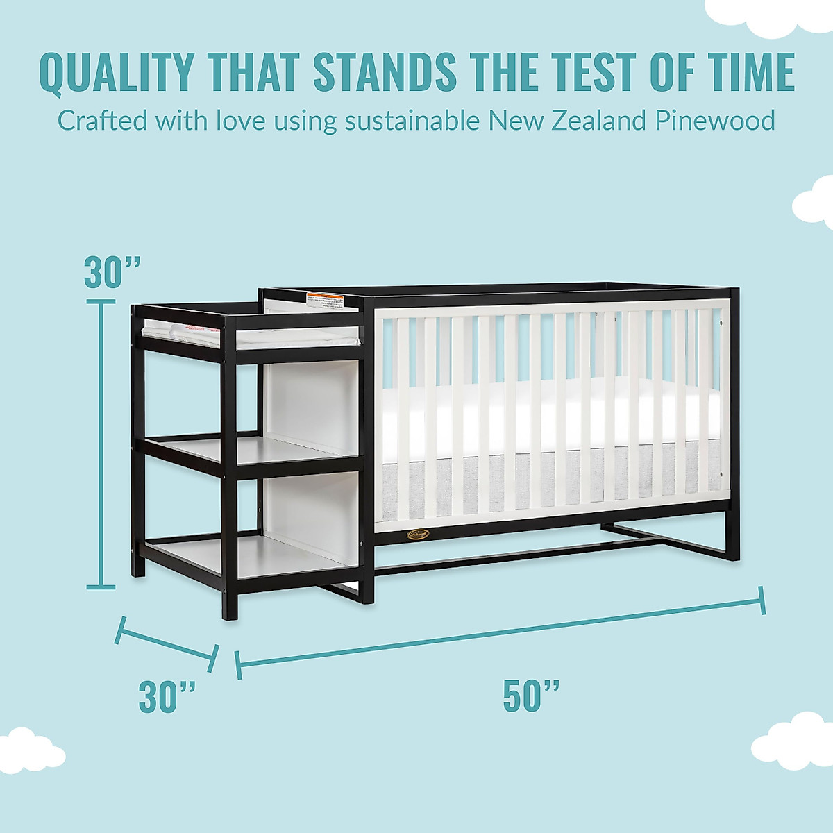Dream On Me Milo 5-in-1 Convertible Crib and Changing Table with Free Changing Pad in Black and White, 3 Mattress Height Settings, Non-Toxic Finishes, Pinewood