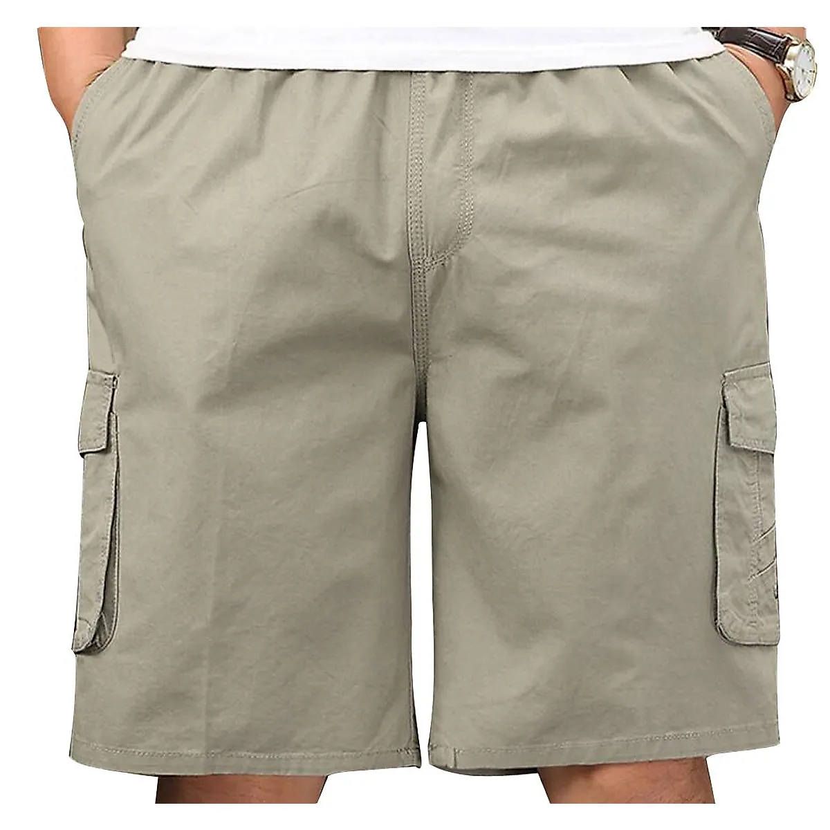 YangguTown Men's Cotton Lightweight Loose Fit Cargo Shorts Full Twill Elastic Waist Drawstring Shorts Khaki 36