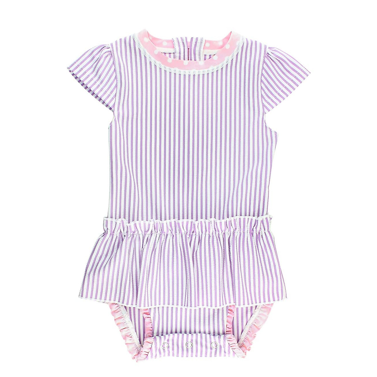 RuffleButts Infant/Toddler Girls Peplum Skirt One Piece Rash Guard Swimsuit - Lilac Seersucker - 12-18m
