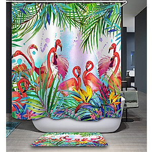 Mimihome Flamingo Shower Curtain, Flamingos Leaves Waterproof Fabric Bathroom Shower Curtains, 72W by 72H