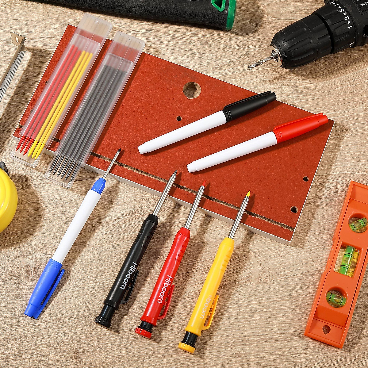 Mechanical Carpenter Pencil Set, 3 Pcs Woodworking Pencil with Built in Sharpener and 12 Pcs Refills, 3 Pcs Long Nose Deep Hole Marker Pen, Scriber Marking Tools for Architect (Red, Black, Yellow)