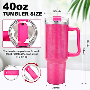 QDXMD 40 oz Tumbler with Handle and Straw Lid, Vacuum Insulated Leak Proof Double Walled Stainless Steel Glitter Travel Mug Tumblers, Maintains Cold Ice and Heat for Hours(Hot Pink)
