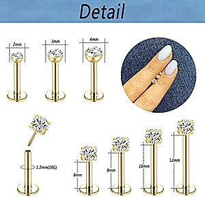ZS 12Pcs 16G Pushin Lip Rings, Stainless Steel Medusa Piercing Jewelry, 2mm 3mm 4mm CZ Forward Helix Earring, Labret Monroe Piercing Jewelry for Women Men (Gold,L:8mm)