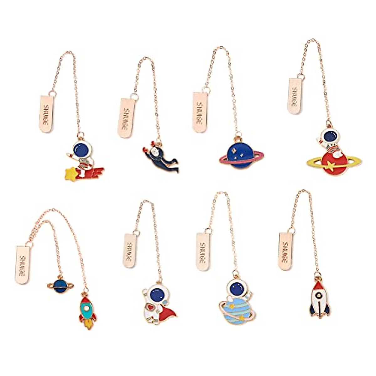 Beadthoven 8pcs Space Theme Metal Bookmarks with Chain Metal Enamel Charms Cute Astronaut Planet Rocket Metal Book Marker Page Clip Pendants for Student Kids School Office Book Reading Supplies
