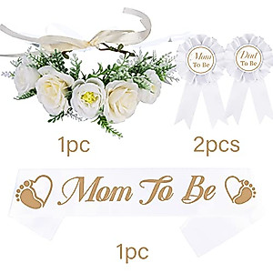 VeryMerryMakering Baby Shower Decoration for Mom To Be and Dad To Be, White Flowers style Tiara + White & Blue Sash + White & Blue Dad to be pin, Maternity Gift for Her and Him