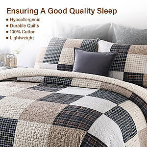 SahSahCasa Quilt King Size, King Quilt Set, 100% Cotton King Quilt Bedding Set Bedspread, Patchwork Farmhouse Quilt, Plaid Lightweight Rustic Quilts Comforter for King Bed, Beige, for All Season