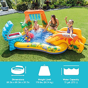 Intex Inflatable Dinosaur Play Center Outdoor Playhouse Inflatable Water Park with Kid Pool Slide, Water Sprayer, Waterfall, and 6 Balls, Multicolor