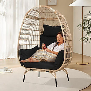 Dkelincs Wicker Egg Chair Indoor Outdoor Lounge Chair Patio Reading Chair Oversized Rattan Egg Chair for Patio, Backyard, Garden, Living Room w/ 4 Cushions Steel Frame, 352lb Capacity(Black)