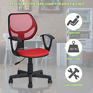 Geniqua Red Mesh Office Chair Ergonomic Back Support Mid-Back Home Computer Chair Swivel Adjustable Task Chair, for Home Office
