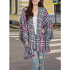 Bestshe Women's Boho Open Front Poncho Knitted Plaid Shawl Wrap Cape Tassel Cardigan Sweater