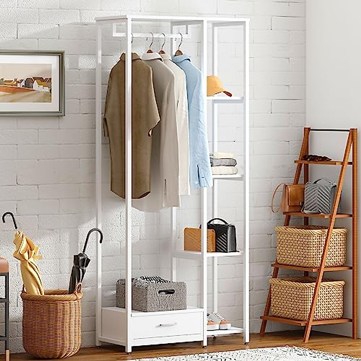 SogesHome Hall Tree with 1-Drawer, 3-in-1 Wood Cloth Garment Racks, Coat Stand with 4-Tier Side Storage Shelves, Home Storage Stand Open Display for Living-room, Bedroom, White