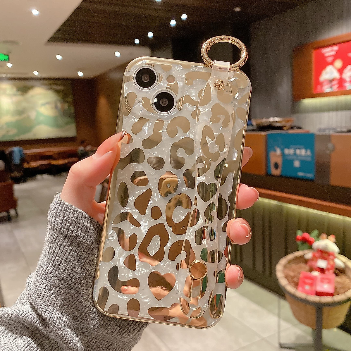 AYABUCO for iPhone 14 Plus Case Golden Plating Leopard Wrist Strap Holder and Finger Loop, Soft TPU Adjustable Wrist Strap Loop Kickstand Cute Print Pattern Design Women Girls Protective Cover