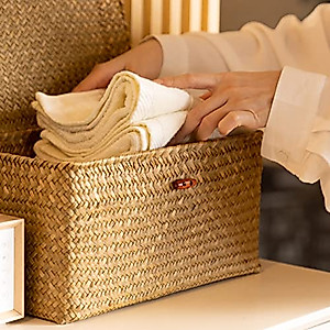 YANGQIHOME 4 Pack, Wicker Baskets with Lids, Nautral Seagrass Storage Baskets, Woven Rectangular Basket Bins, Rattan Storage Organizer for Shelf