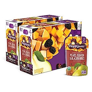 Happy Baby Organics Clearly Crafted Stage 2 Baby Food, Pears, Squash & Blackberries, 4 Ounce Pouch (Pack of 16)