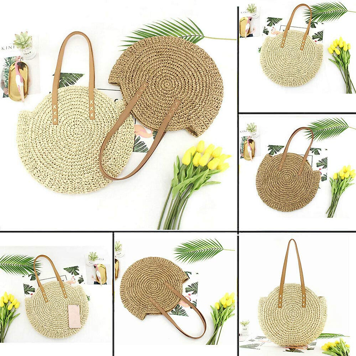 Women's Straw Handbags Large Summer Beach Tote Woven Round Pompom Handle Shoulder Bag(Khaki)