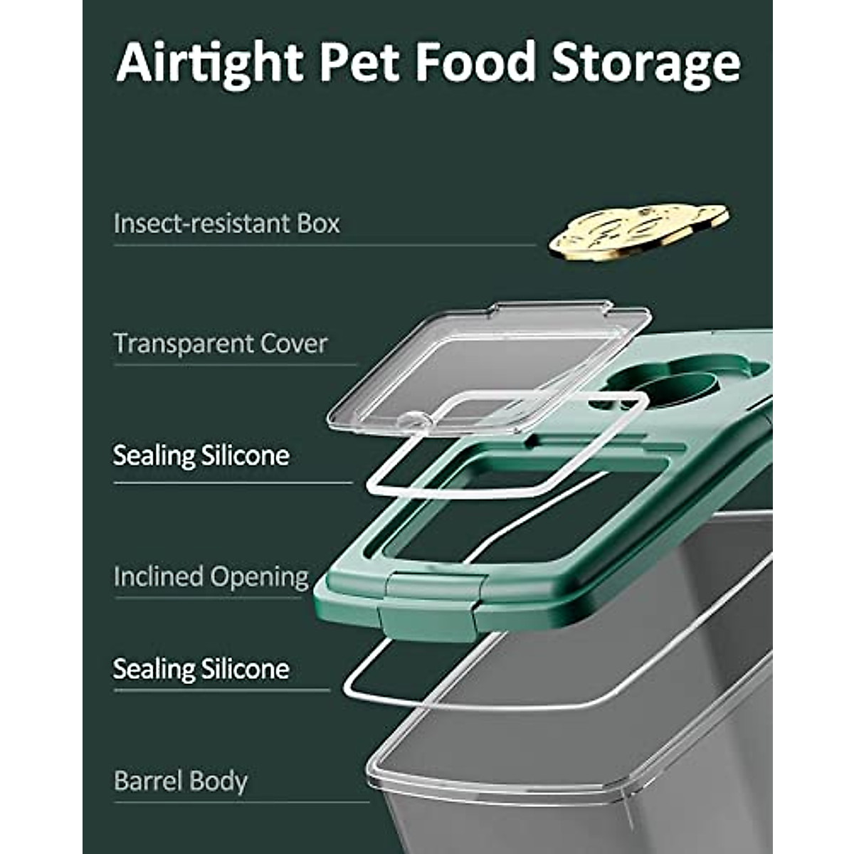 BNOSDM Airtight Cat Food Storage Container 8 lb Pet Dog Foods Storage Bins with Wheel Transparent Plastic Bulk Dry Feed Dispenser Measuring Cup, Seal Locking Lid Rice Cereal Flour
