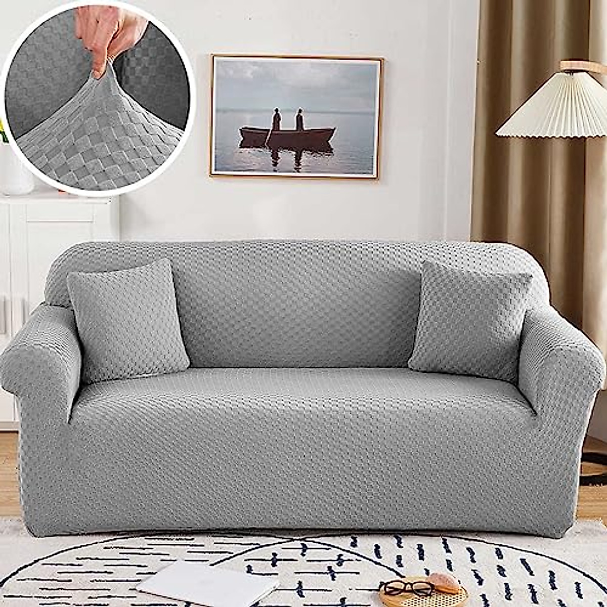 JunJiale Couch Cover 1-Piece Sofa Covers Non Slip Furniture Protector Couch Slipcover for Sofa Soft Stretch Slipcovers (4 Seater, Lake Blue